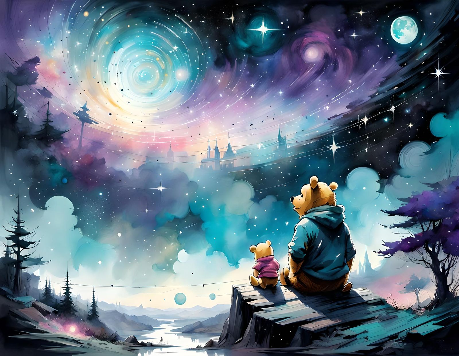 Winnie-the-Pooh watches stars on the night skies filled with twinkling ...