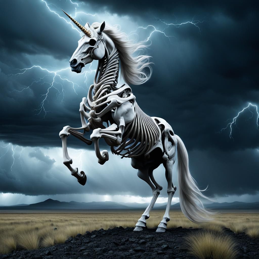 Skeletal horse unicorn perfect skeleton bones skull rearing in a mighty ...