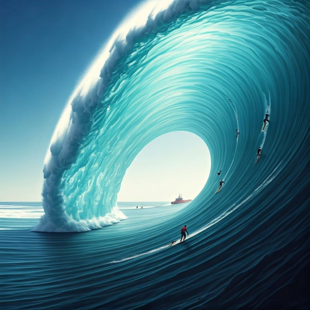 "Ultra-detailed, dramatic wide-angle shot of a **colossal wave towering ...