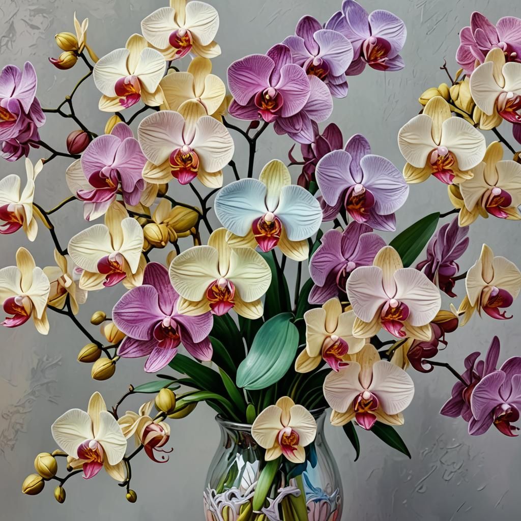 Orchids blooming of different pastel colors in a bouquet in a vase ...
