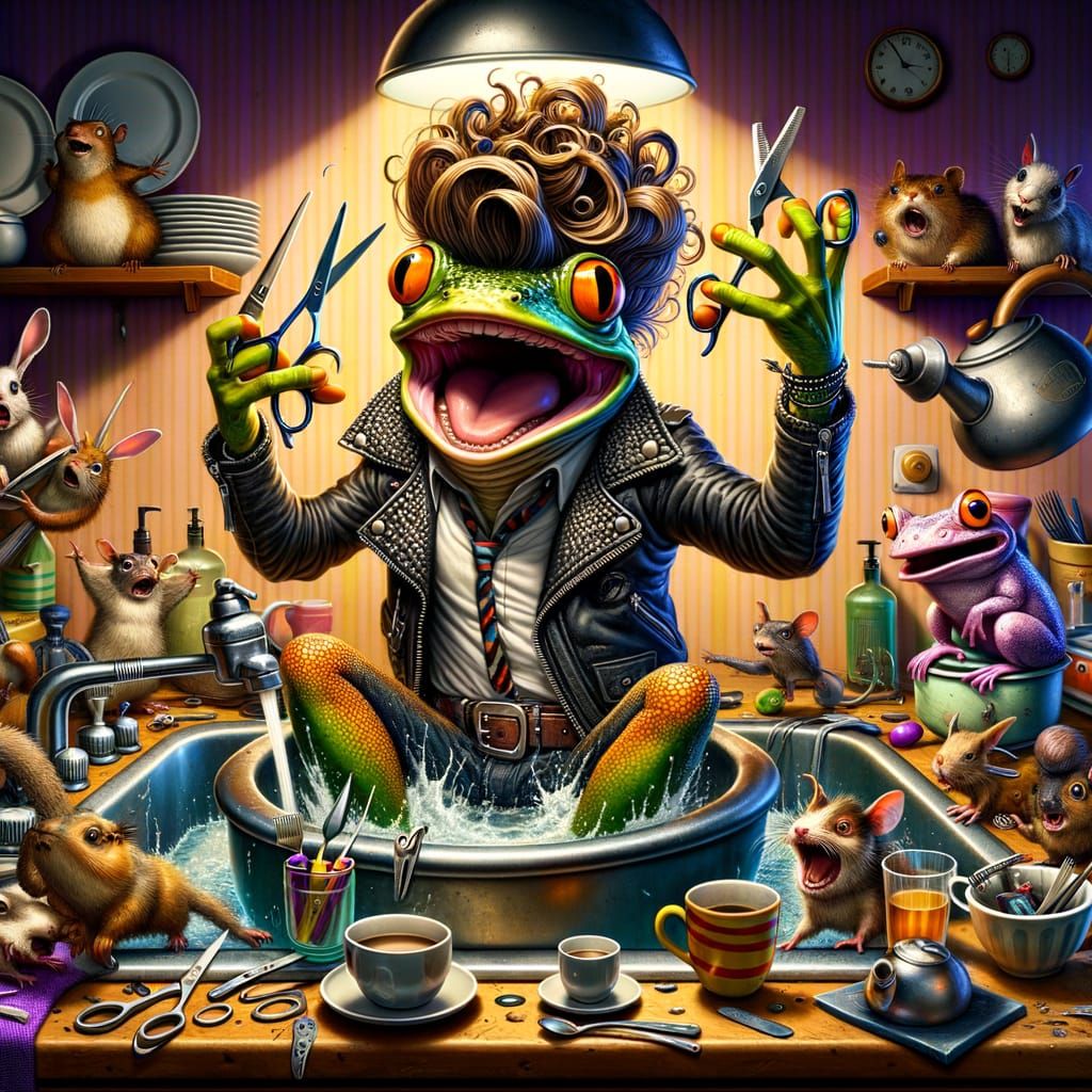 Surprised crazy frog hairdresser with Elvis hair and punk leather ...