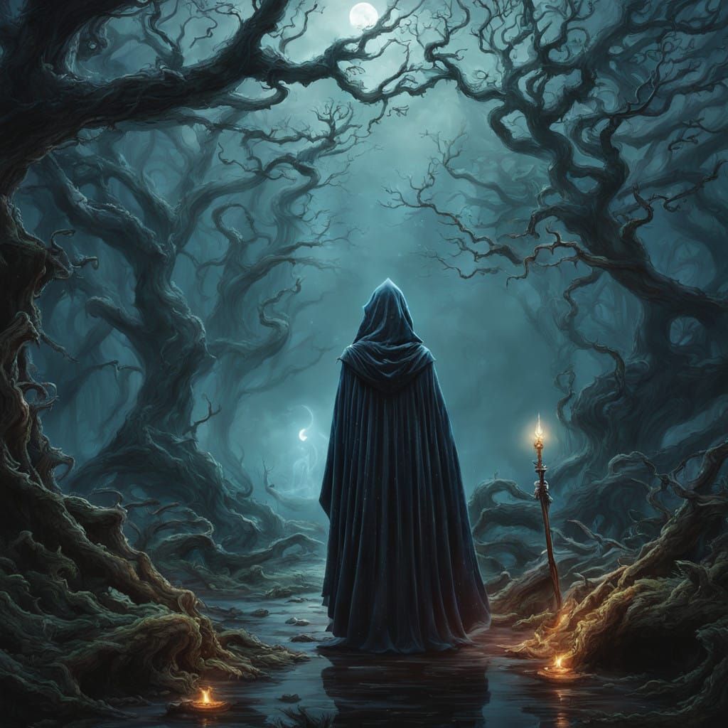 A fantasy scene of a sorceress conjuring a spell in a dark, enchanted ...