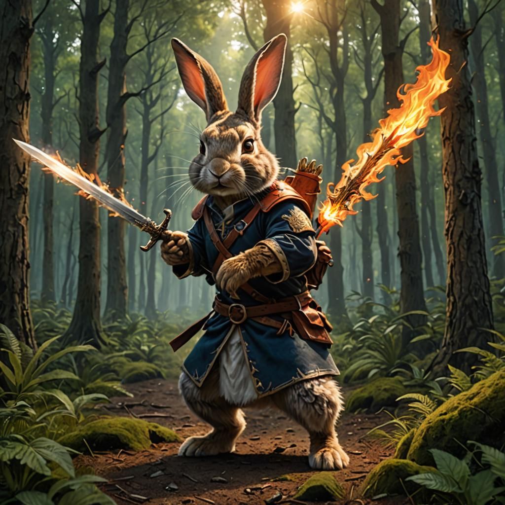 a rabbit wielding a flaming sword in a forest, realistic - AI Generated ...