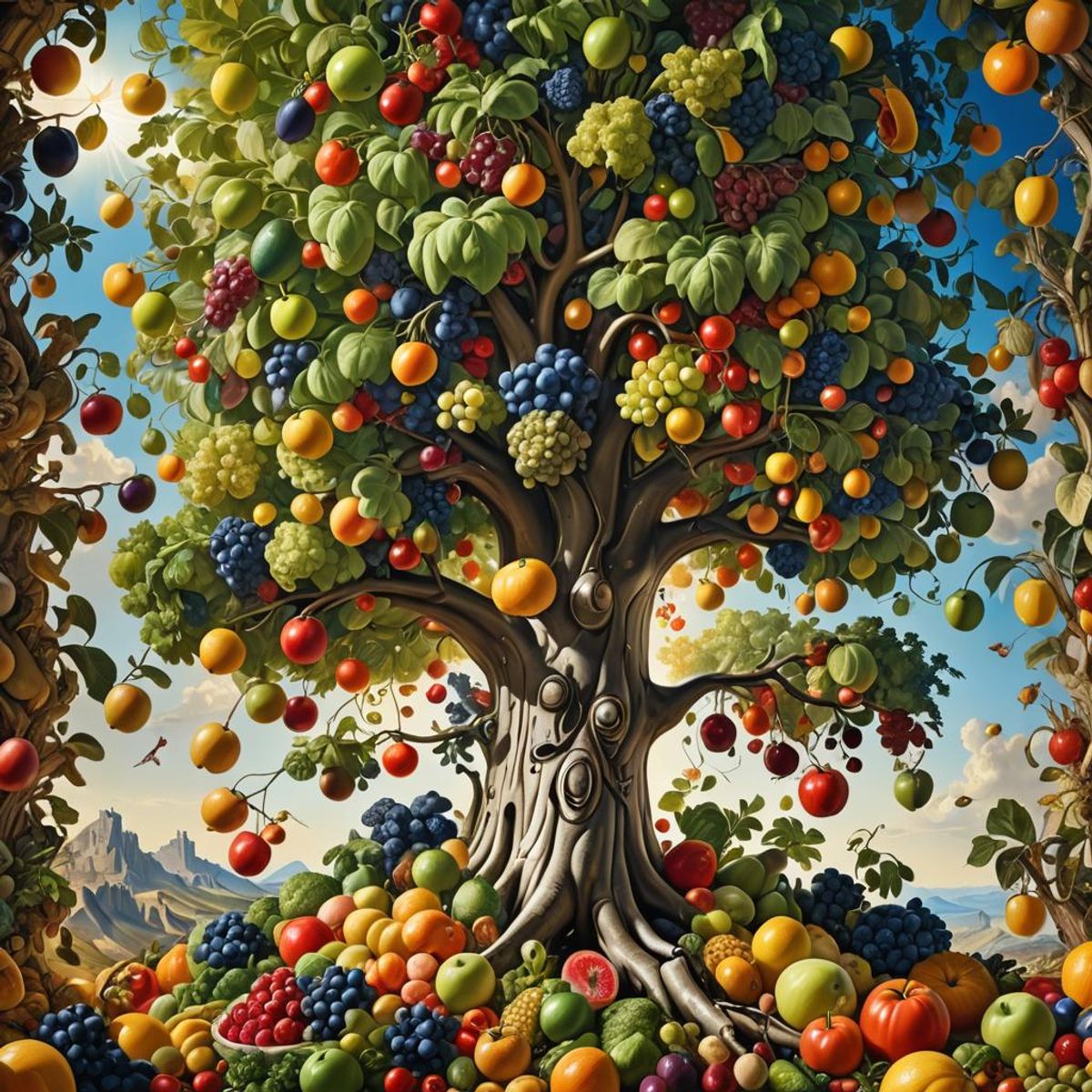 A cornucopia tree spilling with colorful fruits and vegetables ...