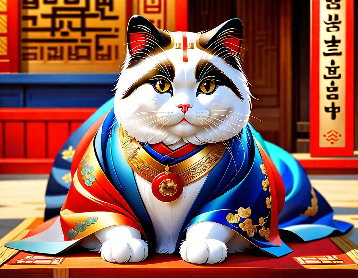 Fat cat celebrating Chuseok (Korean Thanksgiving) with traditional ...