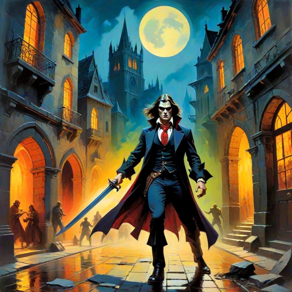Dark Gothic Vampire Swordsman Battles Werewolves i... - AI Art