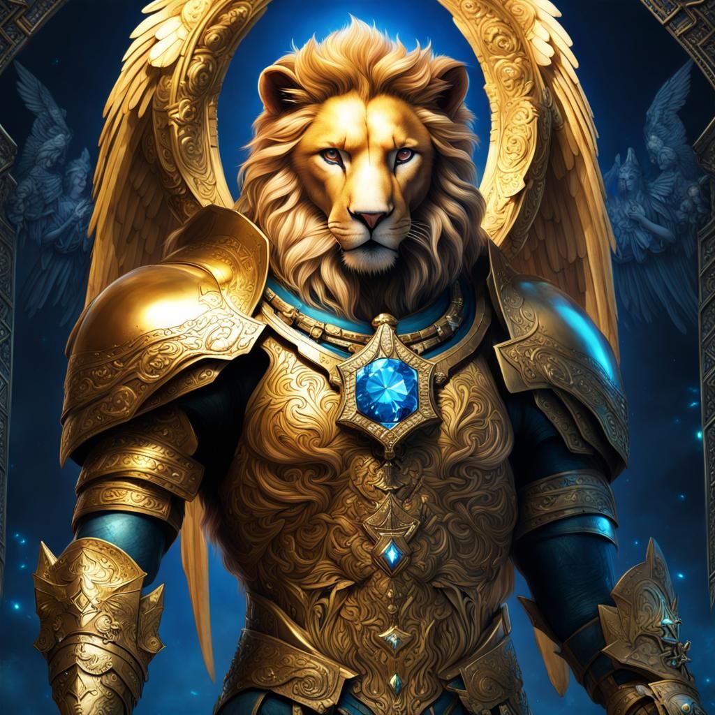 Anthropoid lion, angel, dressed in golden armor, with a golden astrix ...