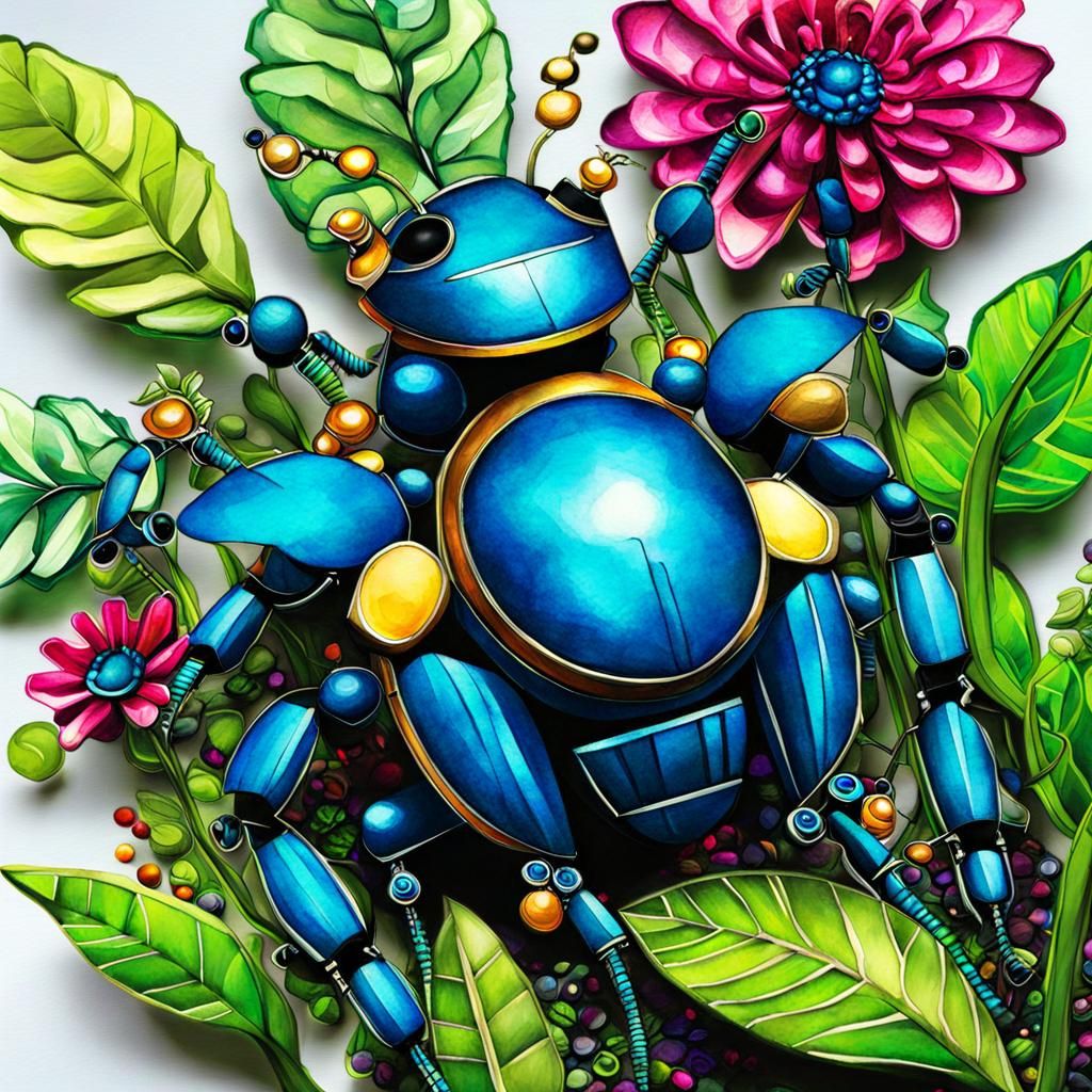 Imaginative alcohol ink-sketched scene showcasing bug bots interacting ...