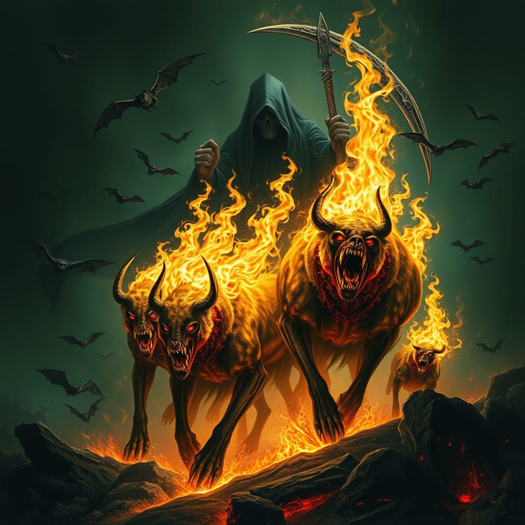 Dark Gothic Hell Dogs Inferno Scene - AI Art