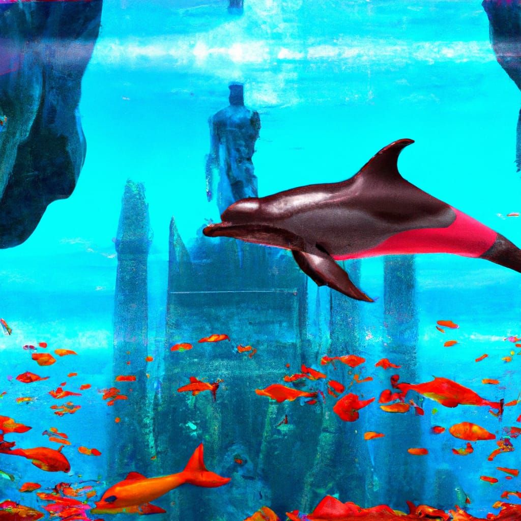 Superhero dolphin, Superman-inspired swimsuit, red cape, heroic pose ...