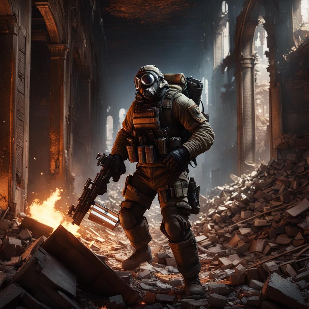 Juggernaut With Gas Mask Walking Through Rubble - AI Generated Artwork ...