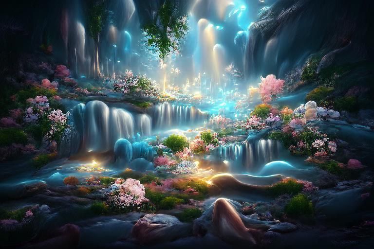 a beautiful fantasy artwork of a grand waterfall in a magical world of ...