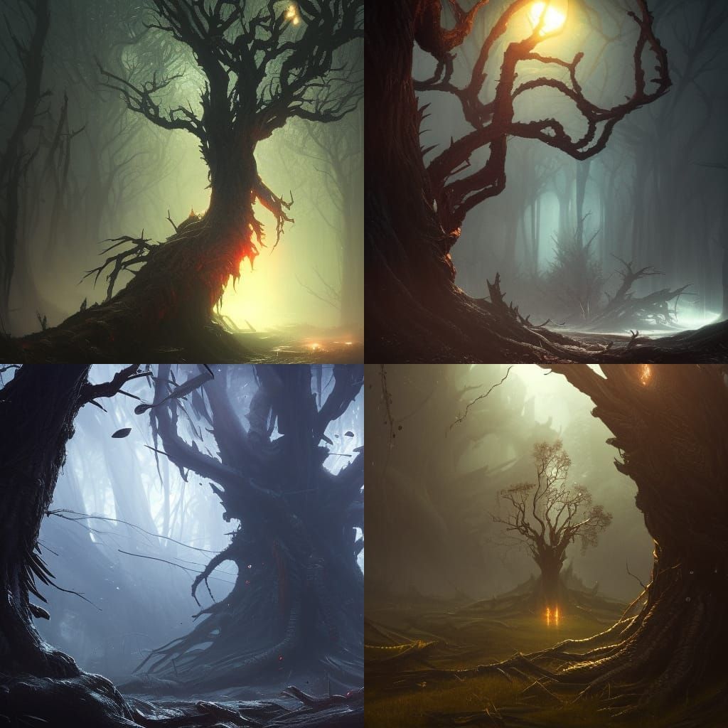 Monstrous living tree glowing eyes reaching branches - AI Generated ...