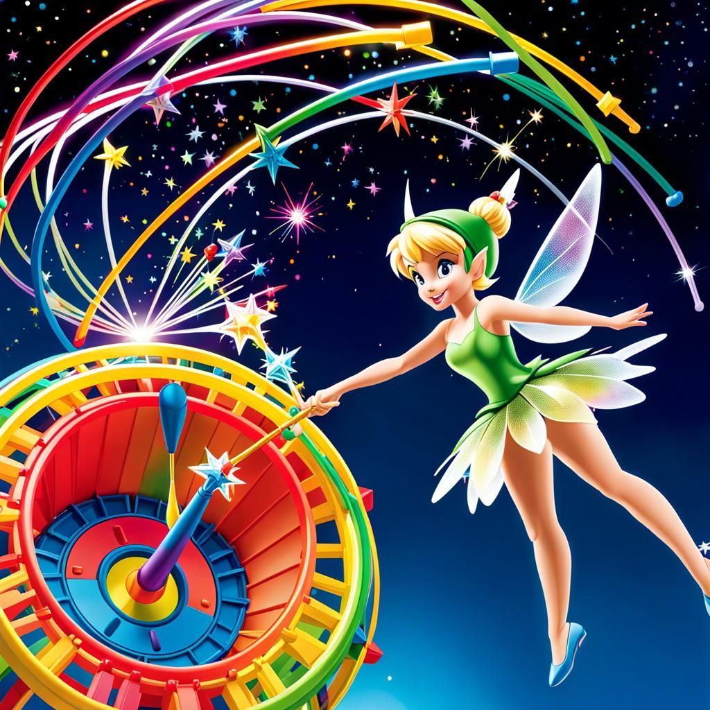 flying tinkerbell sprinkling pixie dust from her wand over multi ...
