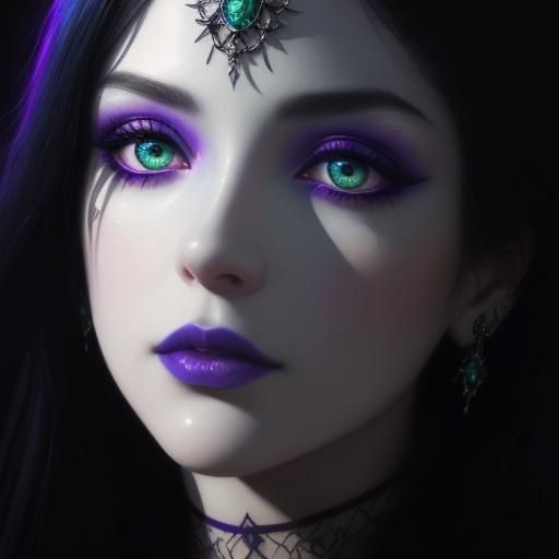 Ethereal gothic beauty with black hair and green eyes with dark purple ...