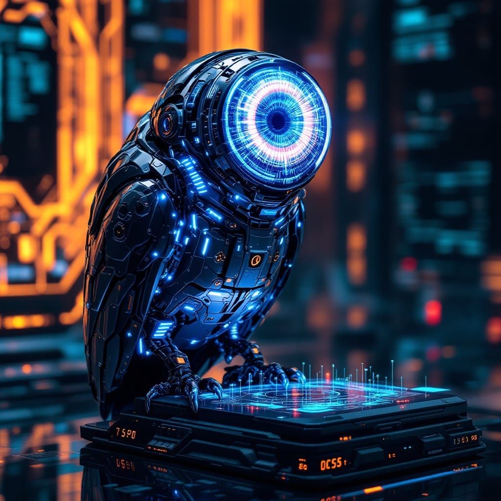 Cyborg Owl - Cyberpunk Owl Perched on Futuristic Console