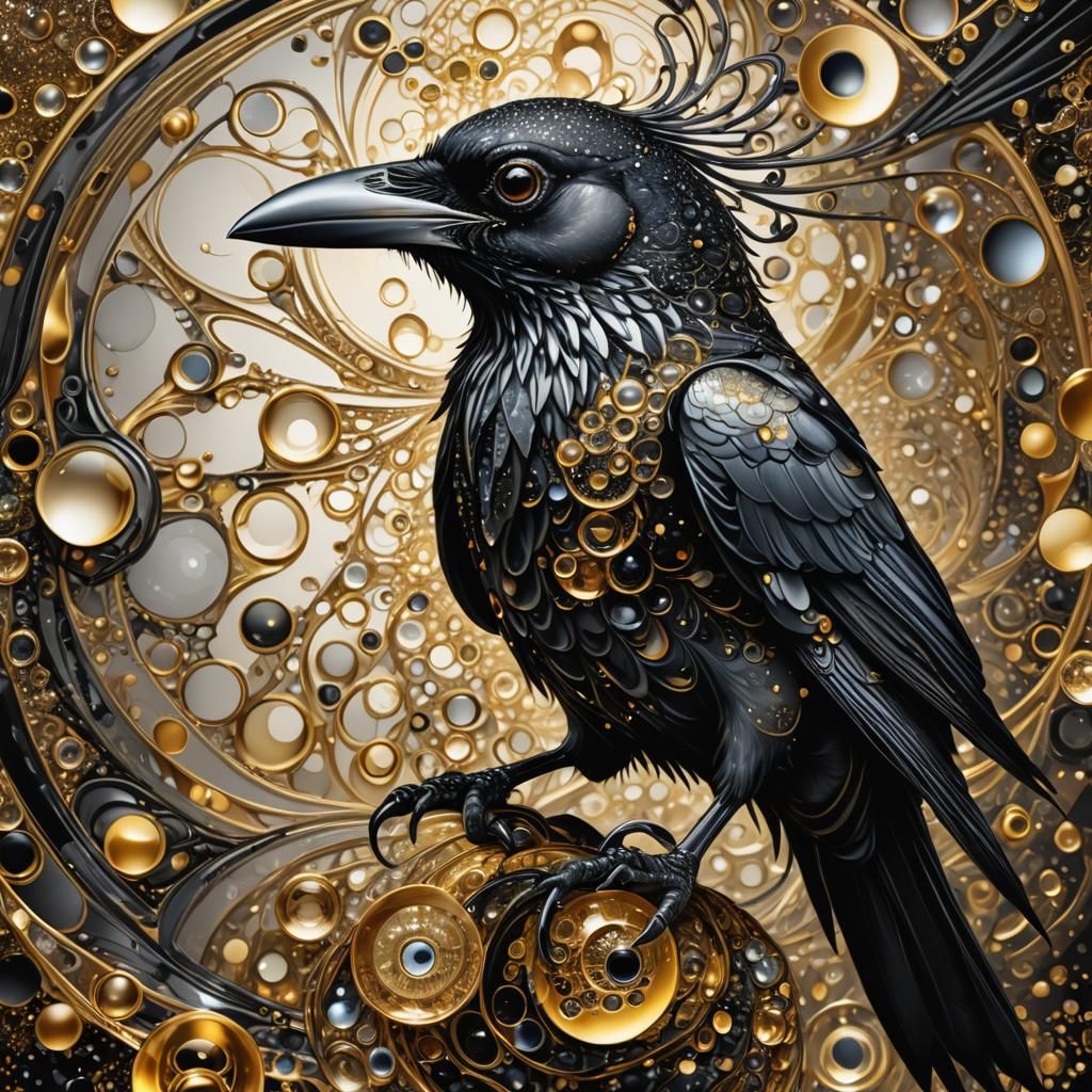 Majestic Crystal Crow in Surreal, Swirling Pattern... - AI Art
