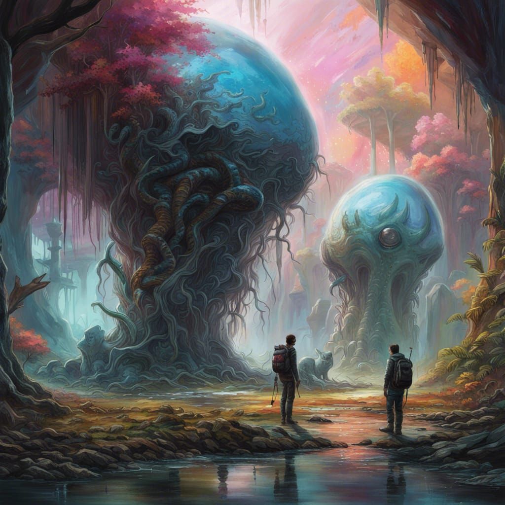 a painting of a alien world, Anne Stokes, Jeff Koons, Ismail Inceoglu ...