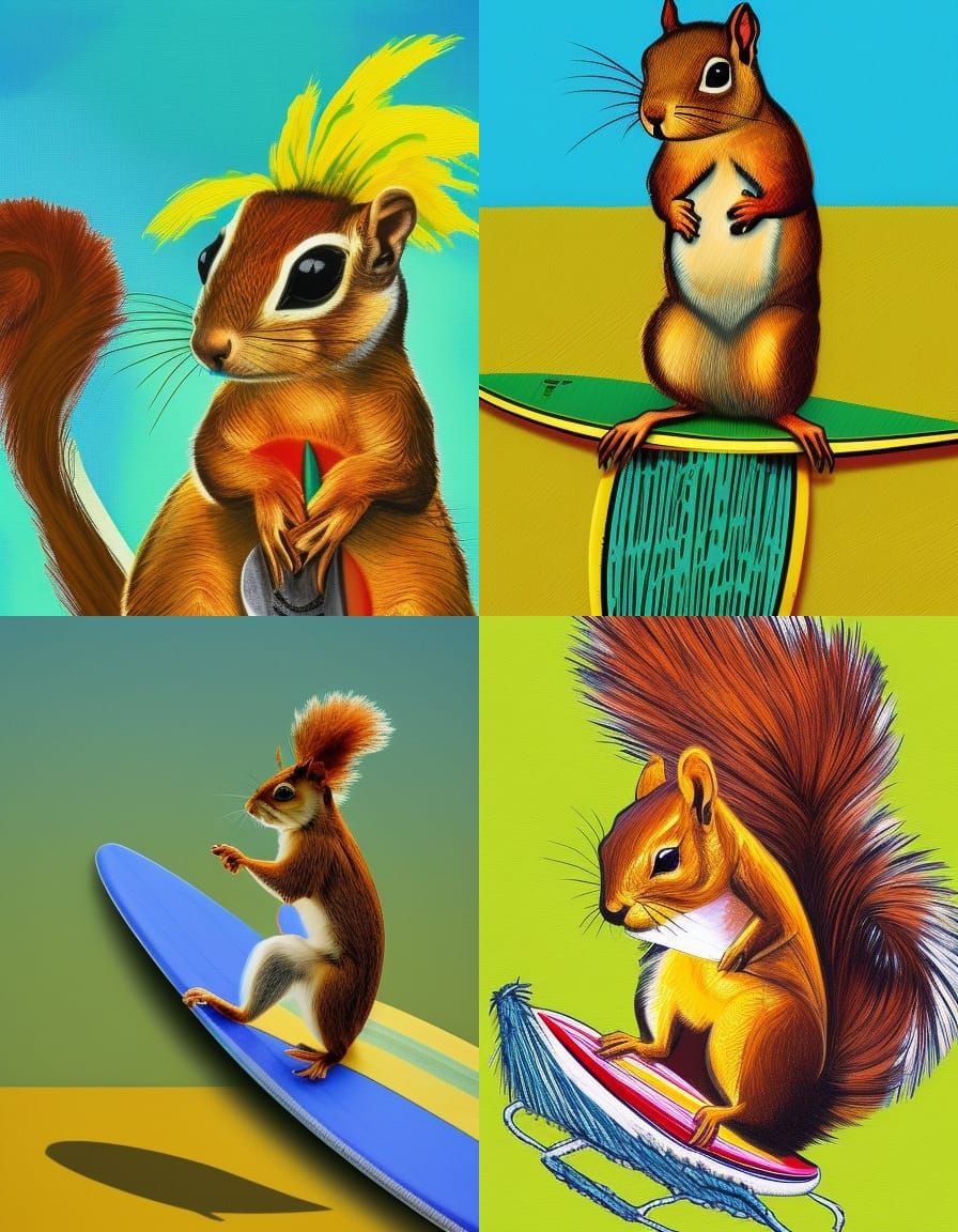 squirrel wearing grass skirt standing on a surfboard, riding a big wave ...