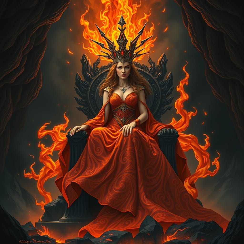 A fire queen with a crown made of living flames, sitting on a throne in ...