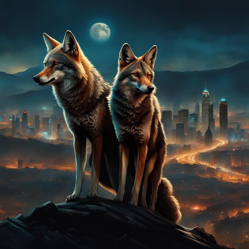 A couple of coyotes howl on a hill at night while overlooking a city ...