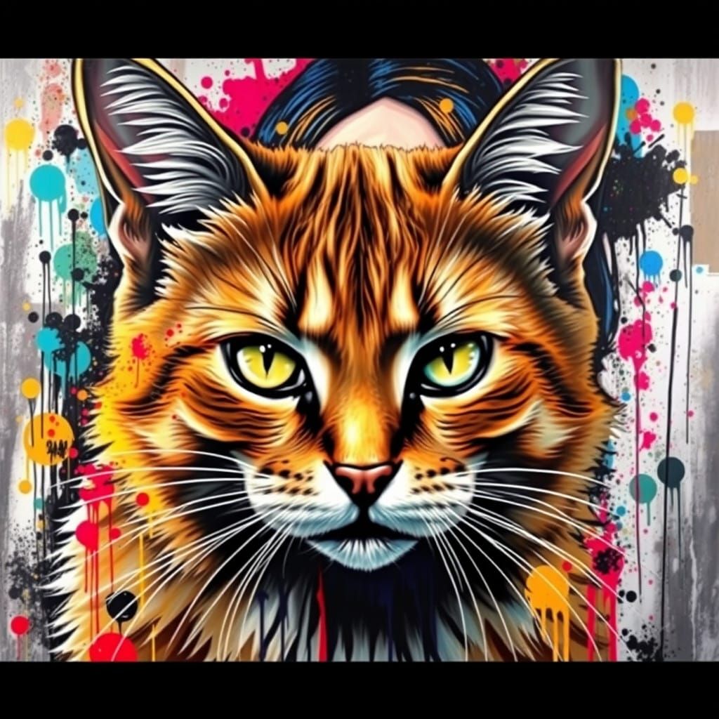 cat with Angelina Jolie cat's - Vibrant Feline Street Art