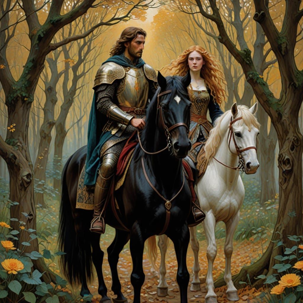 Medieval Knights and Maidens in Enchanted Woodland... - AI Art