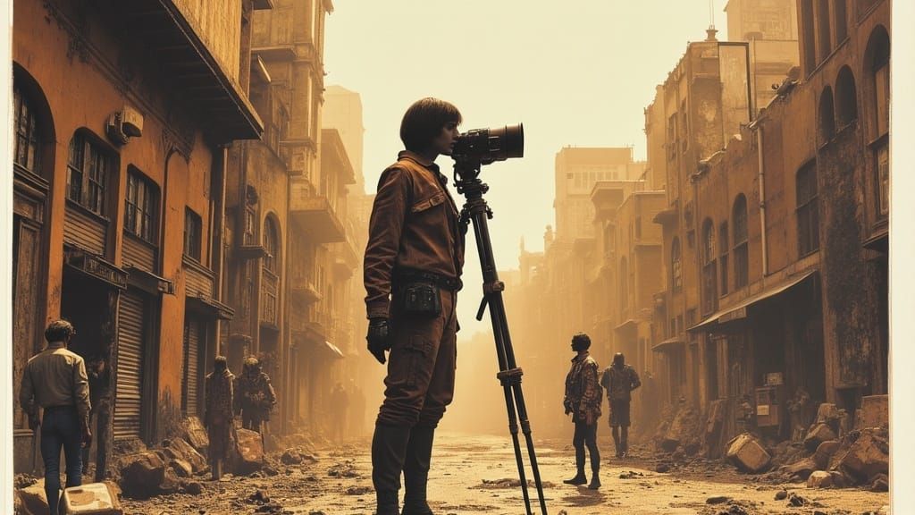 Hasselblad camera on tripod, photographer shooting post-apocalyptic sci ...