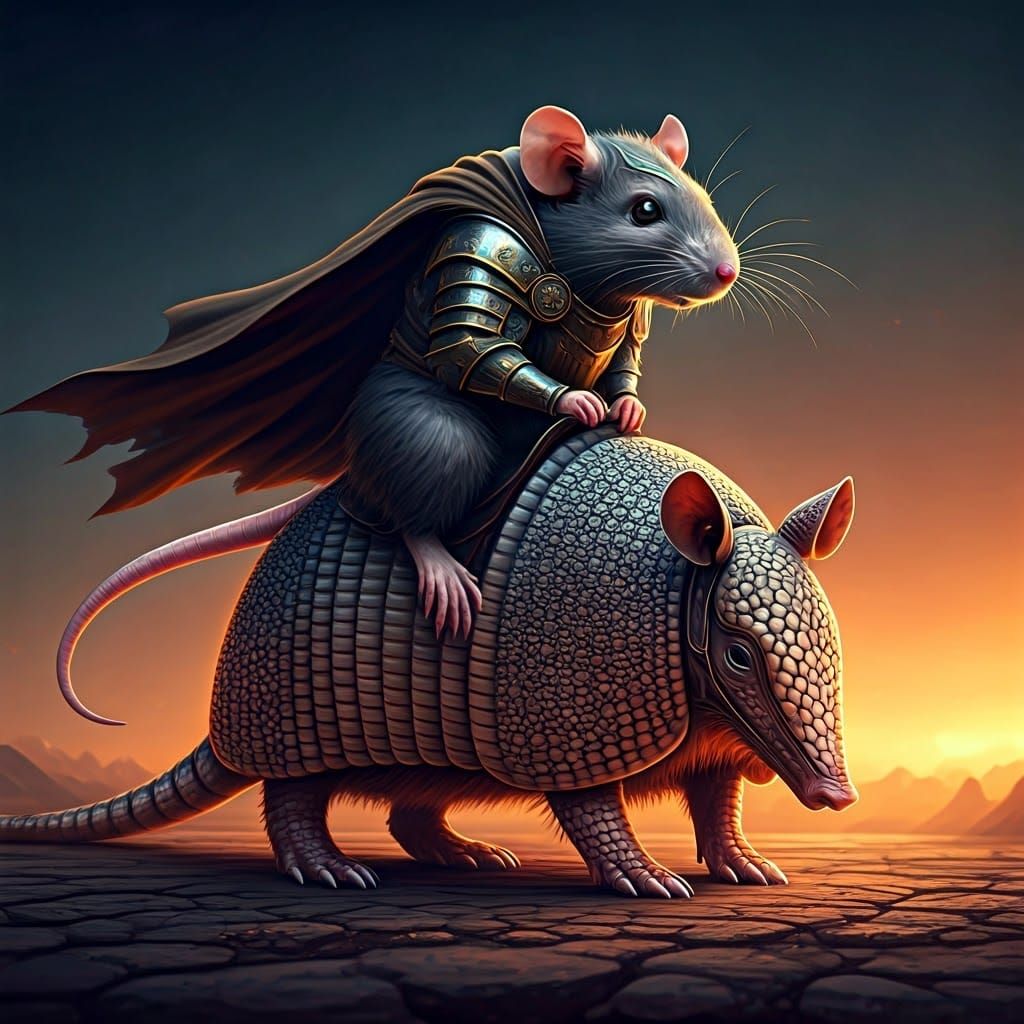 Andromorphic Rat in Armor Rides Armadillo in Vibra... - AI Art