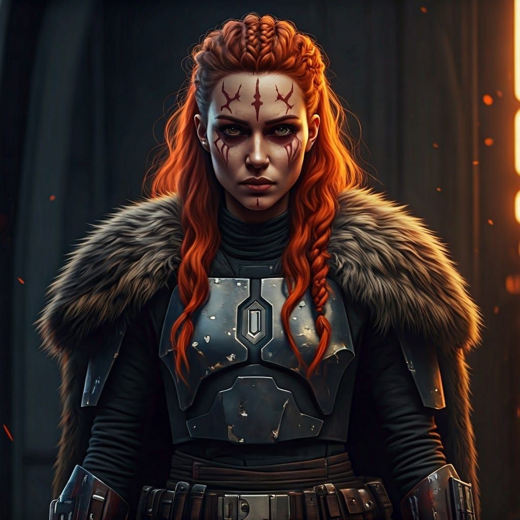 Sith Warrior in Mandalorian Armor with Viking Brai... - AI Art