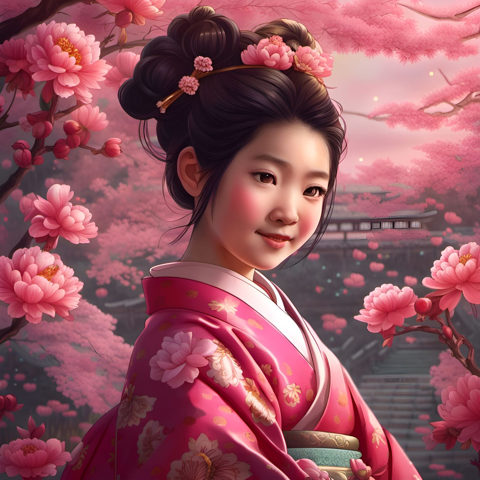 Little Japanese princess smiling with a bun and peonies in her hair and ...
