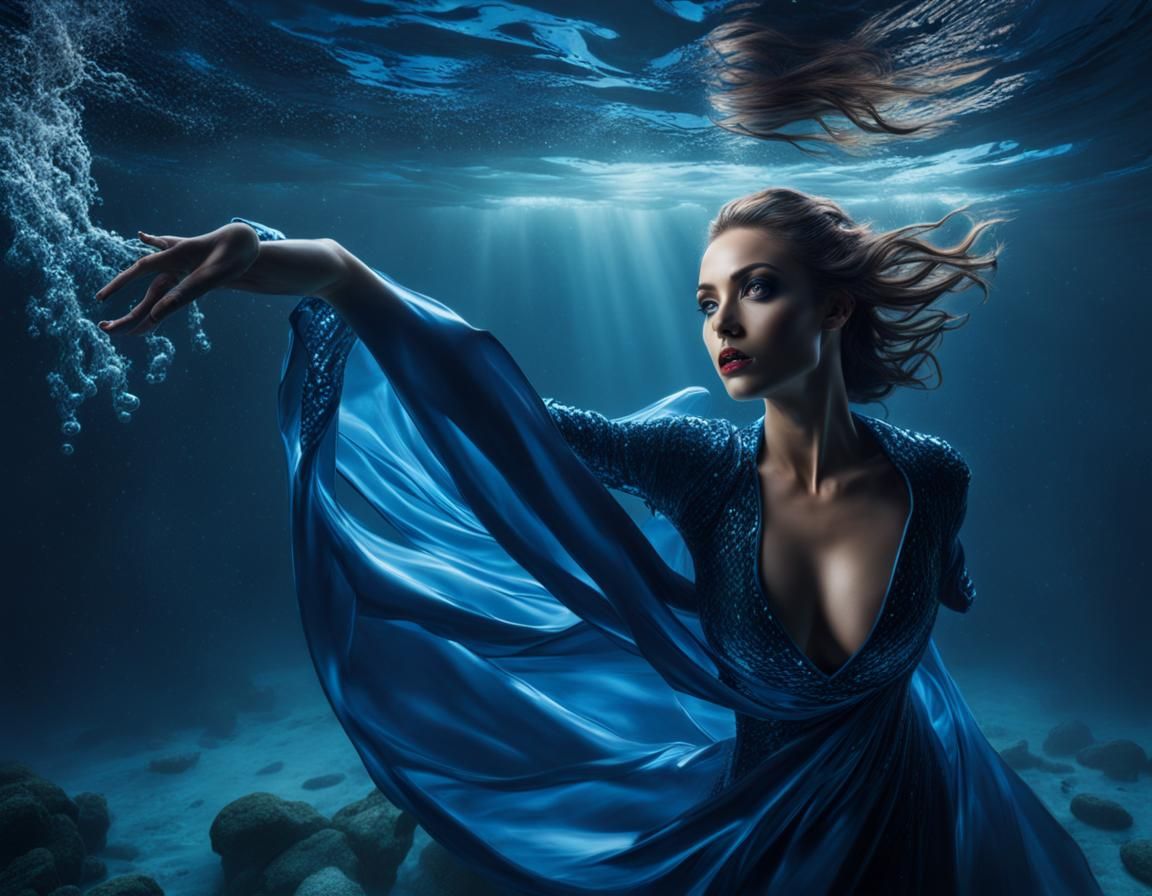 underwater beautiful female glamour-model werefish, ((gills)), fins on ...