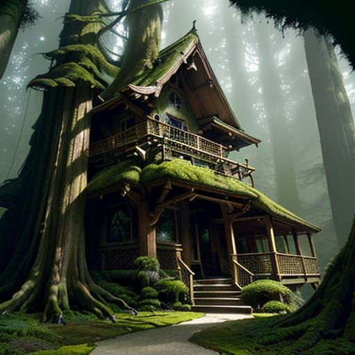 Whimsical Redwood Tree Home in Fantasy Architectur... - AI Art