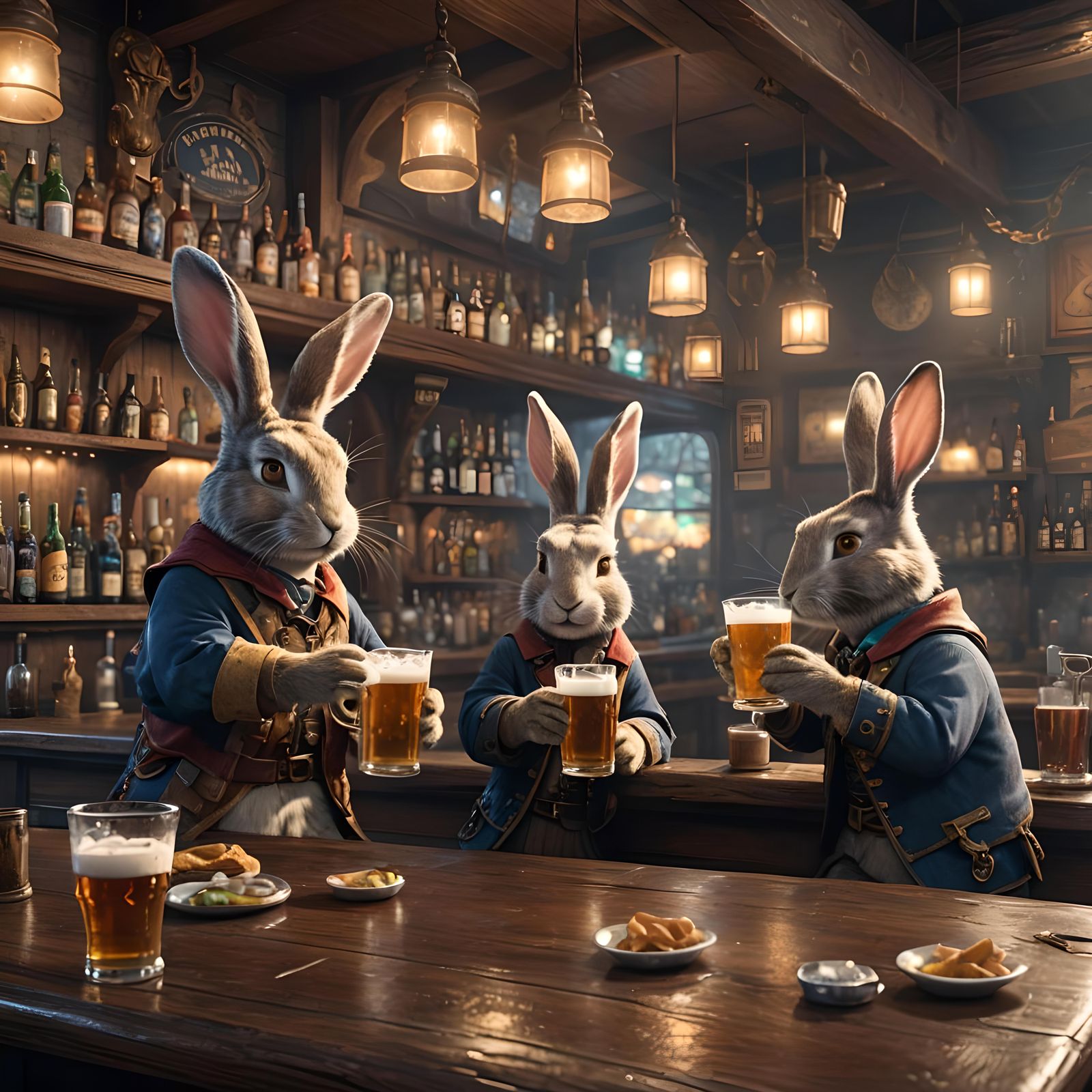 rabbits drink beer in the bar - AI Generated Artwork - NightCafe Creator
