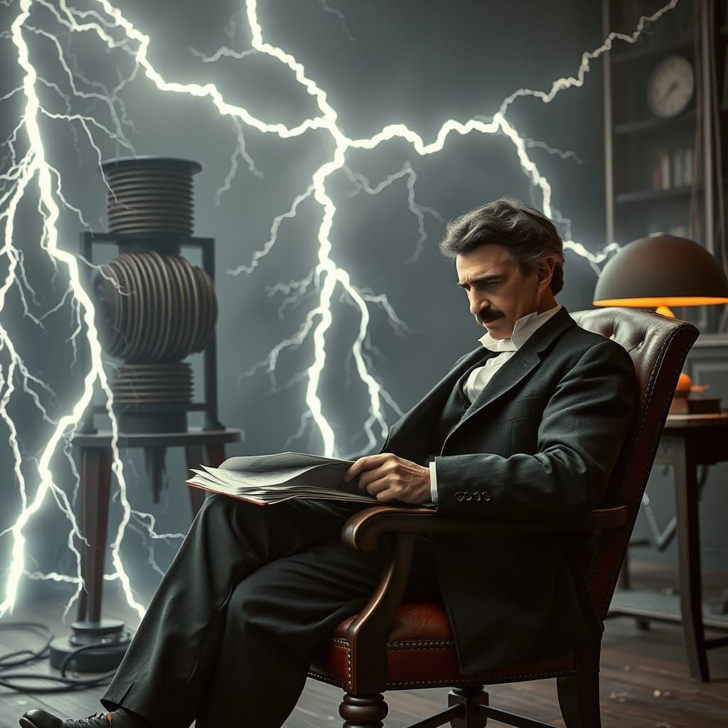 Nikola Tesla Amidst Electrifying Lightning Bolts i... - AI Art