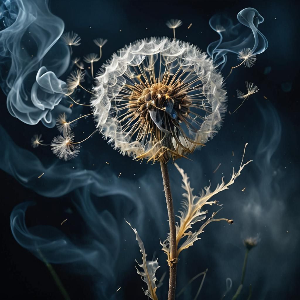A wind_swept dandelion seeded flower made entirely of smoke, blowing in ...