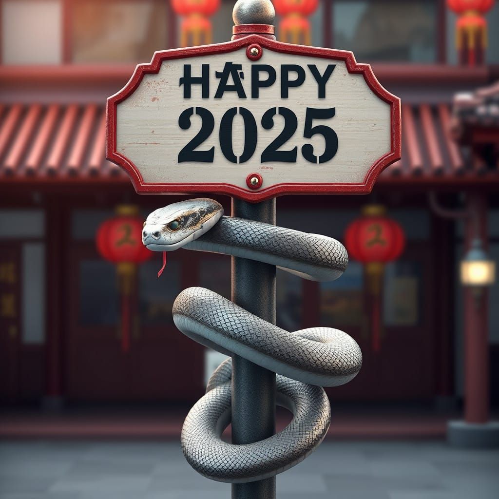 New Year Card - Happy 2025 - Snake Wrapped Around Signpost