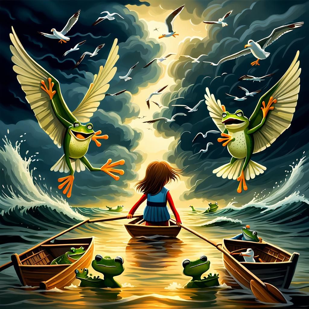 a frog is rowing in a stormy sea with his friend the crocodile, the ...