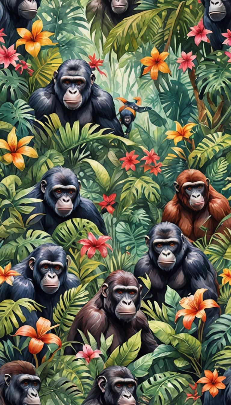 Vivid and captivating watercolor artwork depicting a variety of exotic apes in a lush rainforest ...
