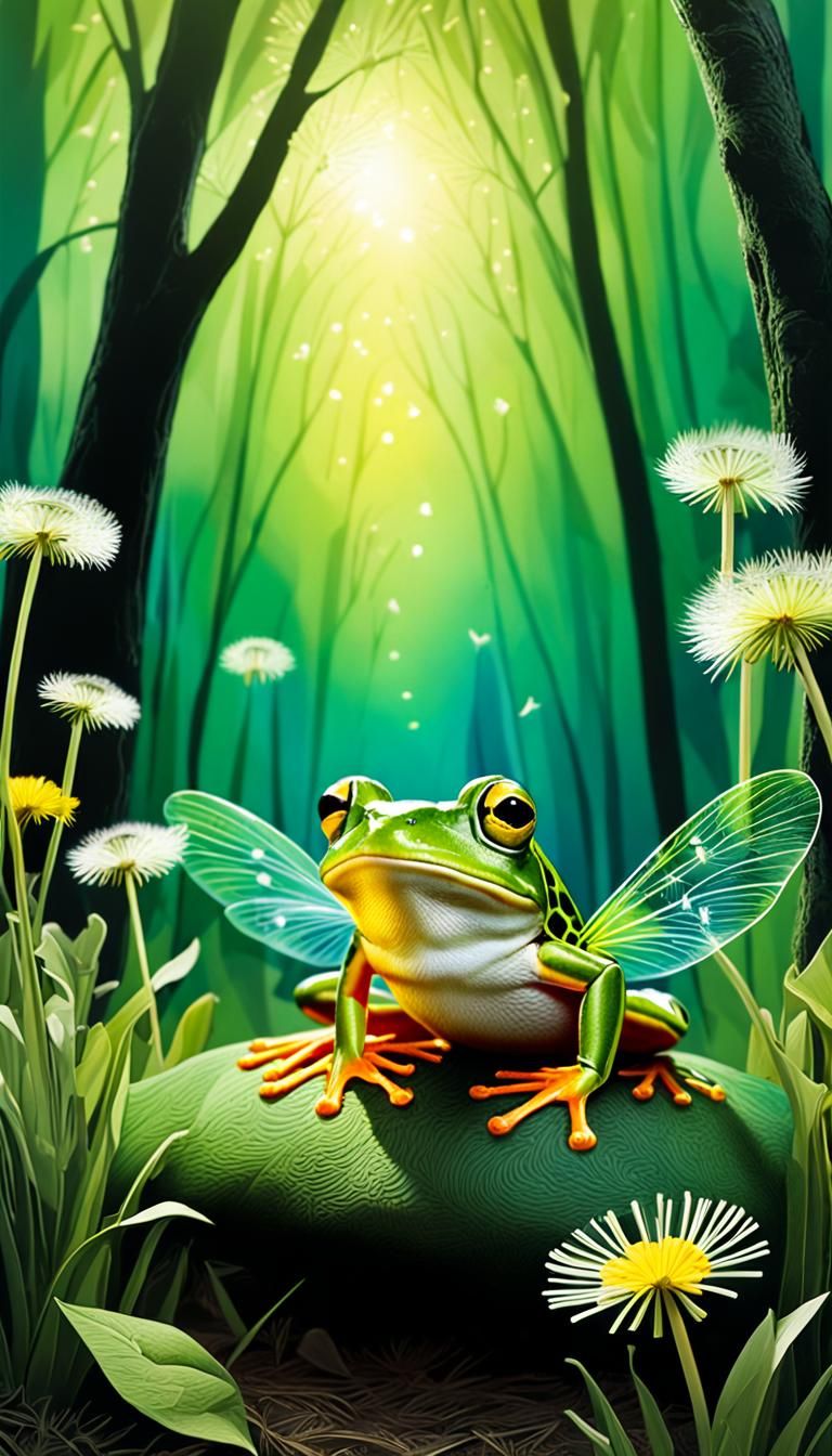 A vivid representation of a green frog with fairy wings nestled under a ...