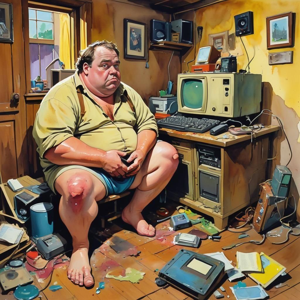 Funny Sloppy fat man sitting in front of old computer in mother’s ...