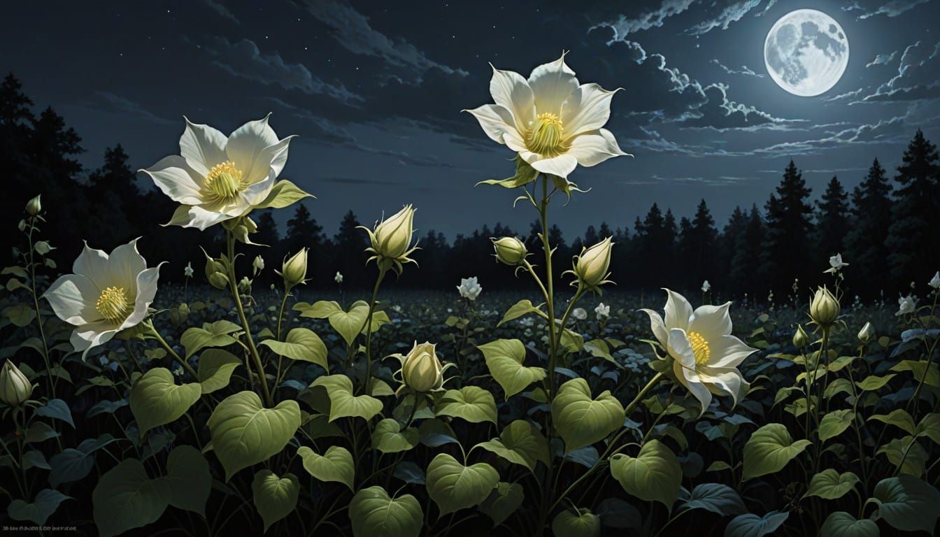 Surreal Moonflower Scene Illuminated in Sinister M... - AI Art