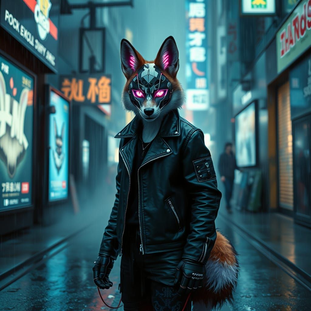 Cyberpunk Kitsune in Neon-Lit Alleyway with Chrome... - AI Art