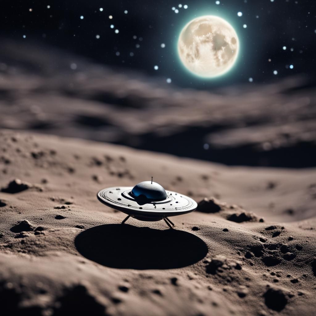 Photograph, Macro, miniature ufo with alien in it on the moon surface ...