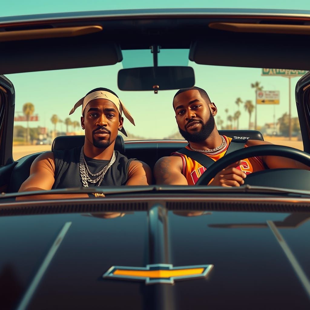 Tupac and Lebron Cruise LA: A Vibrant Urban Portra... - AI Art