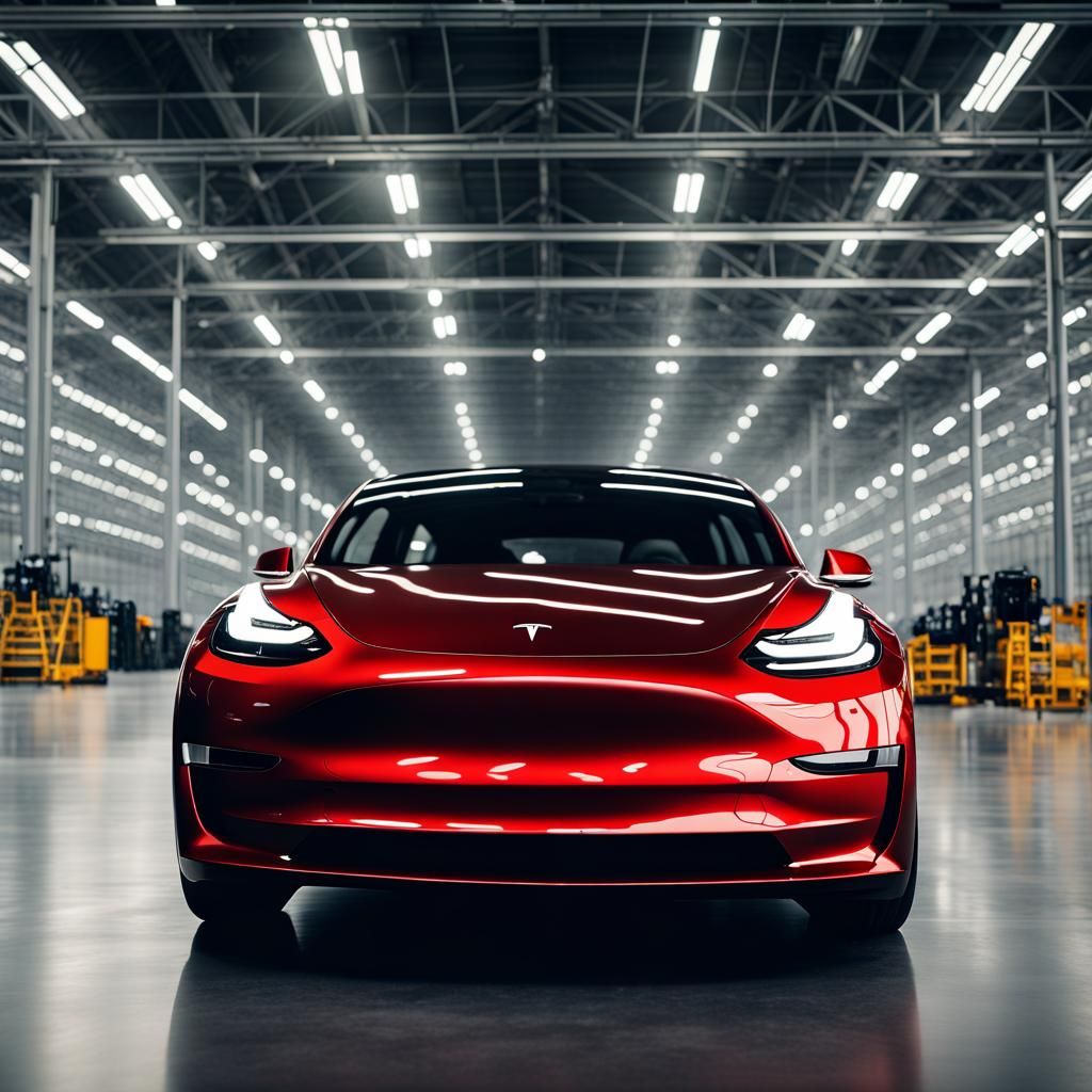 A Tesla Model 3, positioned at the exact center of the frame, depicted ...