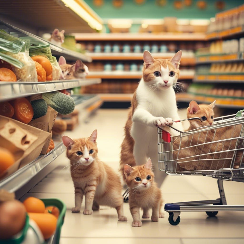 cat family shopping in supermarket while pushing a grocery cart mice ...