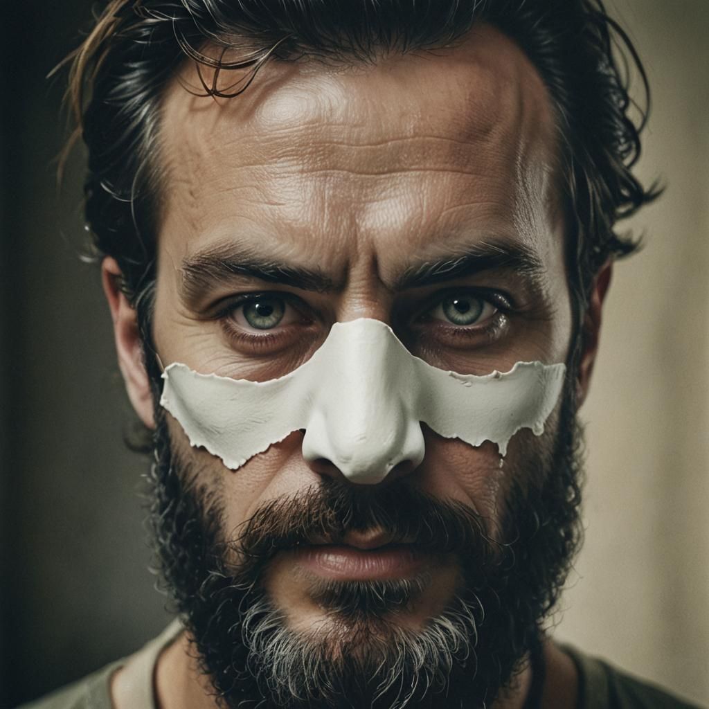A face that is half a face with a white mask with a hole in the eye and ...