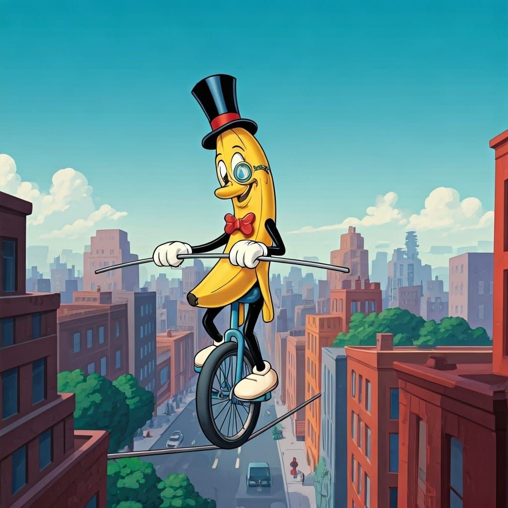 Amusing Cartoon Banana on Unicycle High Above City... - AI Art