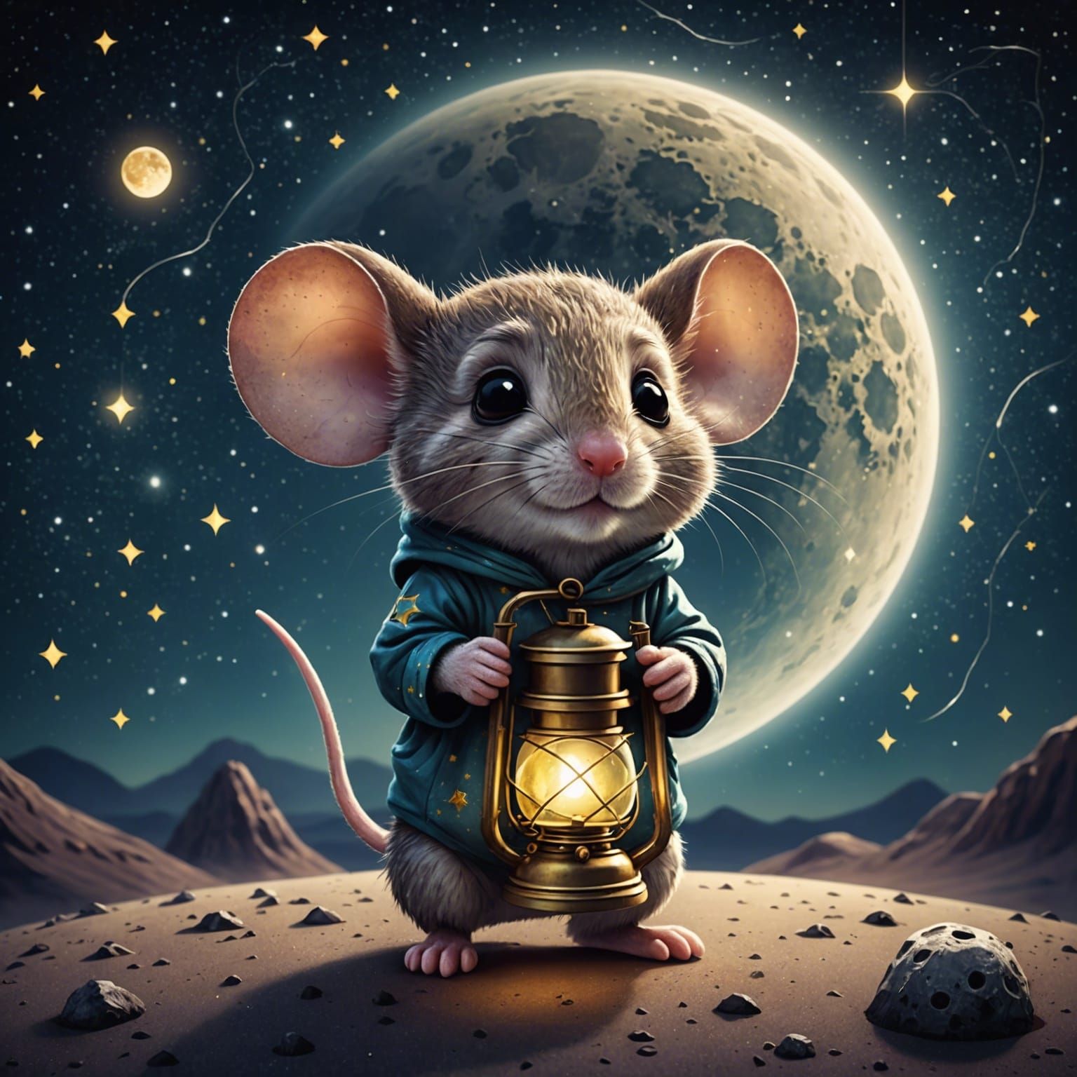 Photograph, chibi mouse holding a large lantern with fireflies in it on ...